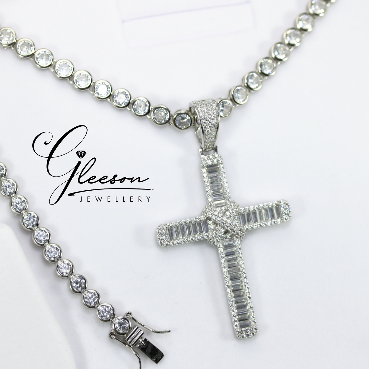 Sterling Silver Cubic Zirconia Tennis Cross & Chain and Bracelet Set ...